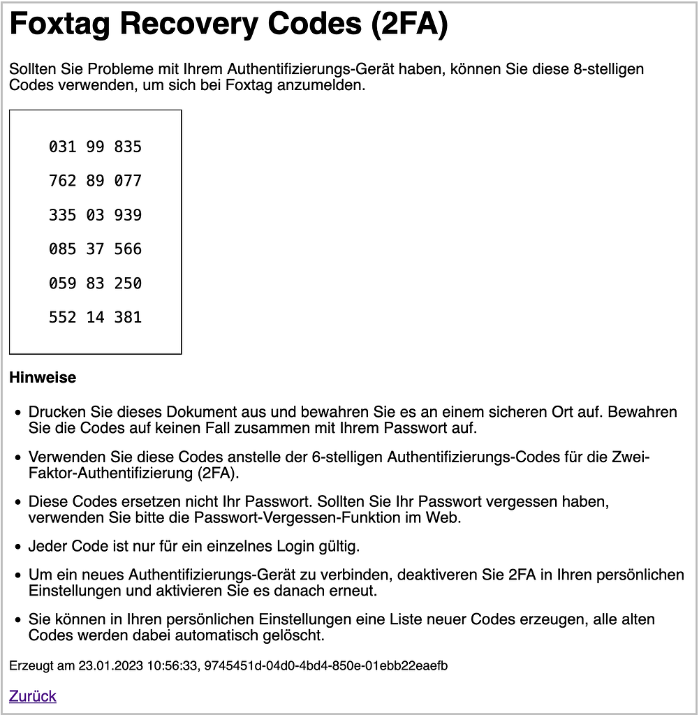 Recovery Codes für 2FA - Nutzerhilfe - Foxtag Support-Forum